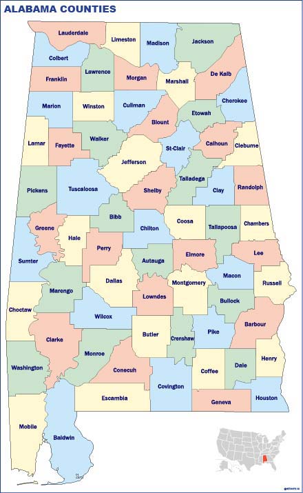 Alabama counties | Mapas murales de España y el Mundo